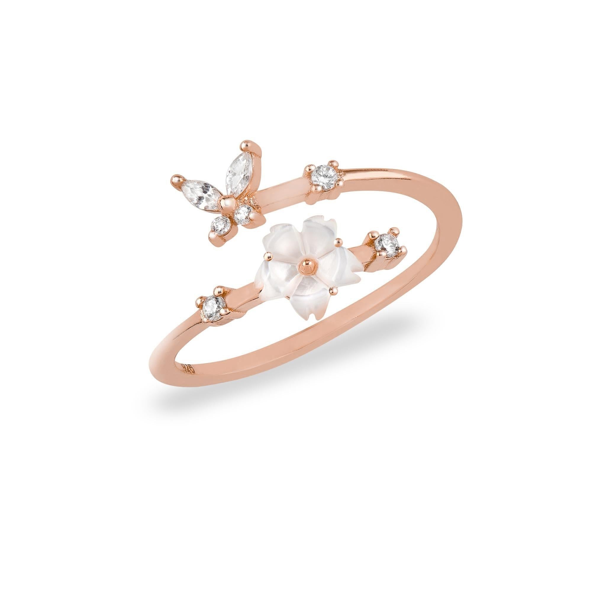 Women's Ring Rose Gold Mother of Pearl Flower and Zirconia Crystals ...