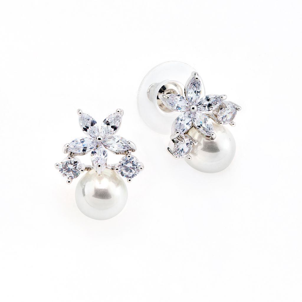 Women's Pearl Earrings with Zirconia Flower in Silver | Bridal Jewelry ...